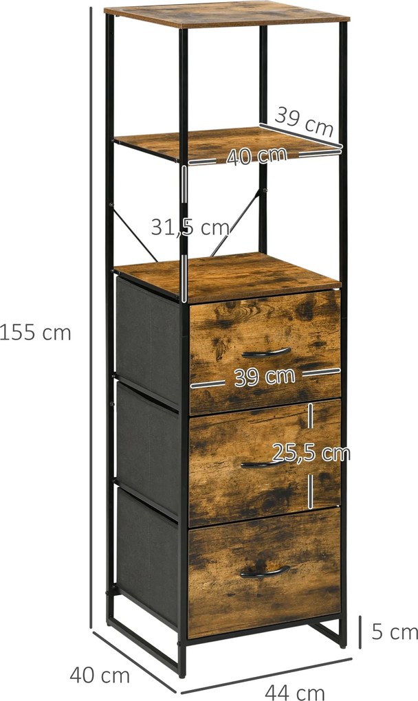 HOMCOM Úložný kabinet s látkovými zásuvkami, 3 zásuvky, skříň s ocelovým rámem pro ložnici a obývací pokoj, rustikální hnědá