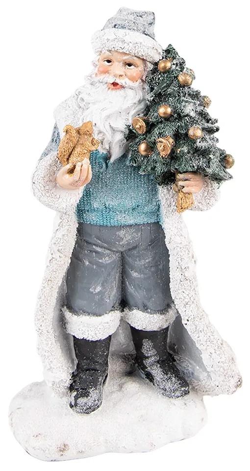 Šedo-modrá dekorace Santa s vánočním stromečkem - 11*9*21 cm