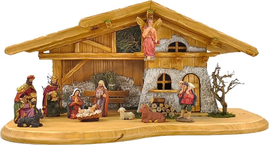 AMADEA Dřevěný osvětlený betlém BEZ FIGUREK 54 cm