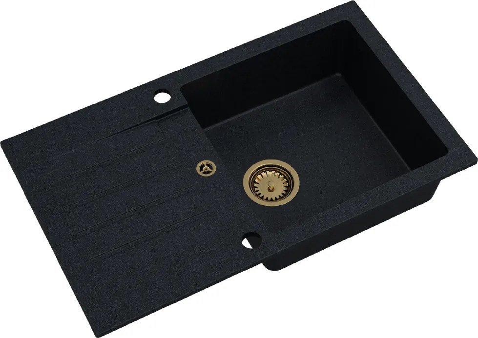 Sink Quality Natalie, kuchyňský granitový dřez 770x450x170 mm + zlatý sifon, černá skvrnitá-BROCADE, SKQ-NAT.B.1KDO.XG