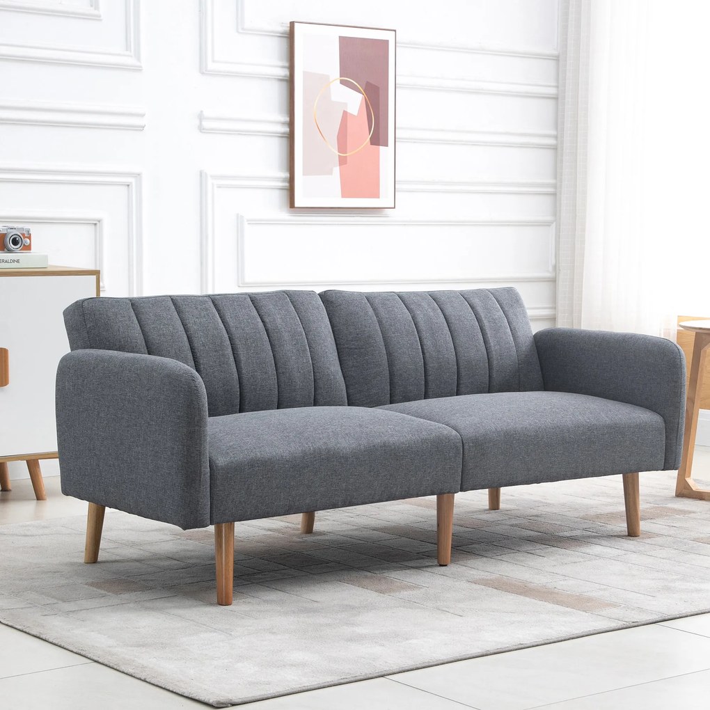 HOMCOM Rozkládací pohovka 2místná, rozkládací pohovka s funkcí spaní, polyester podobný lnu, kaučukové dřevo, šedá, 173x75x73cm| Aosom