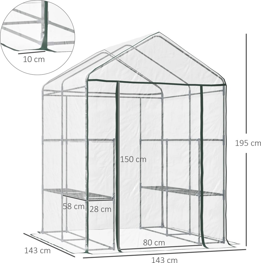 Outsunny PVC Zelená Skleník Zahradní Domek S 6 Policemi 143 x 195 cm