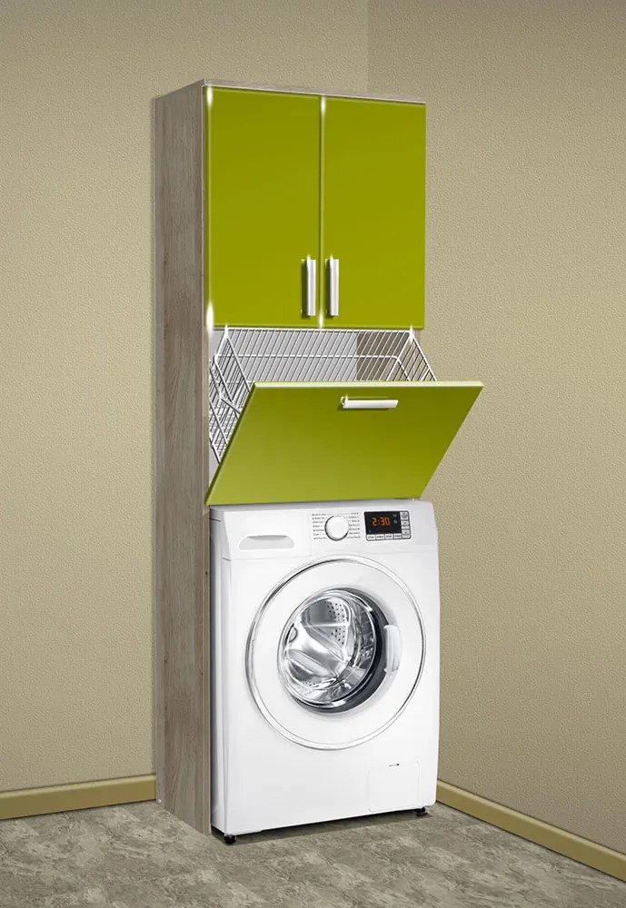 Vysoká koupelnová skříňka nad pračku K21 barva skříňky: dub stříbrný, barva dvířek: lemon lesk