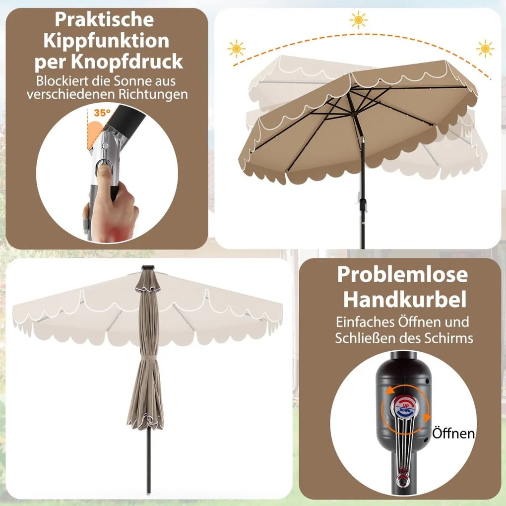 Costway 300 cm slunečník s LED osvětlením a klik a valance market, hnědý