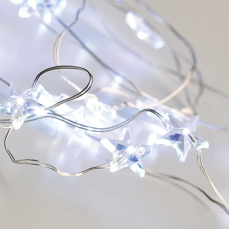 ACA Lighting LED dekorační girlanda - bílé hvězdičky, studená bílá barva, 200 cm, IP20, 2x baterie AA