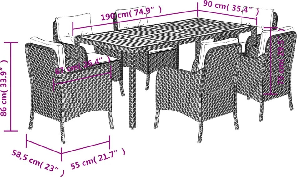 7dílný zahradní jídelní set s poduškami černý polyratan 3211870