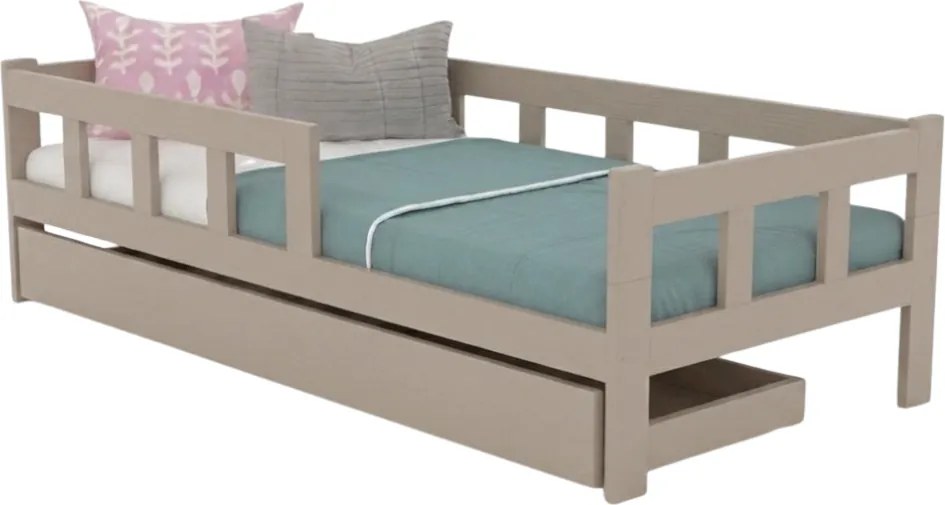 Benlemi Dřevěná jednolůžková postel FENCE 4v1 se zábranou a úložným šuplíkem Zvolte barvu: Béžová, Zvolte rozměr: 120x200 cm, Zvolte zábranu: S jednou zábranou vlevo