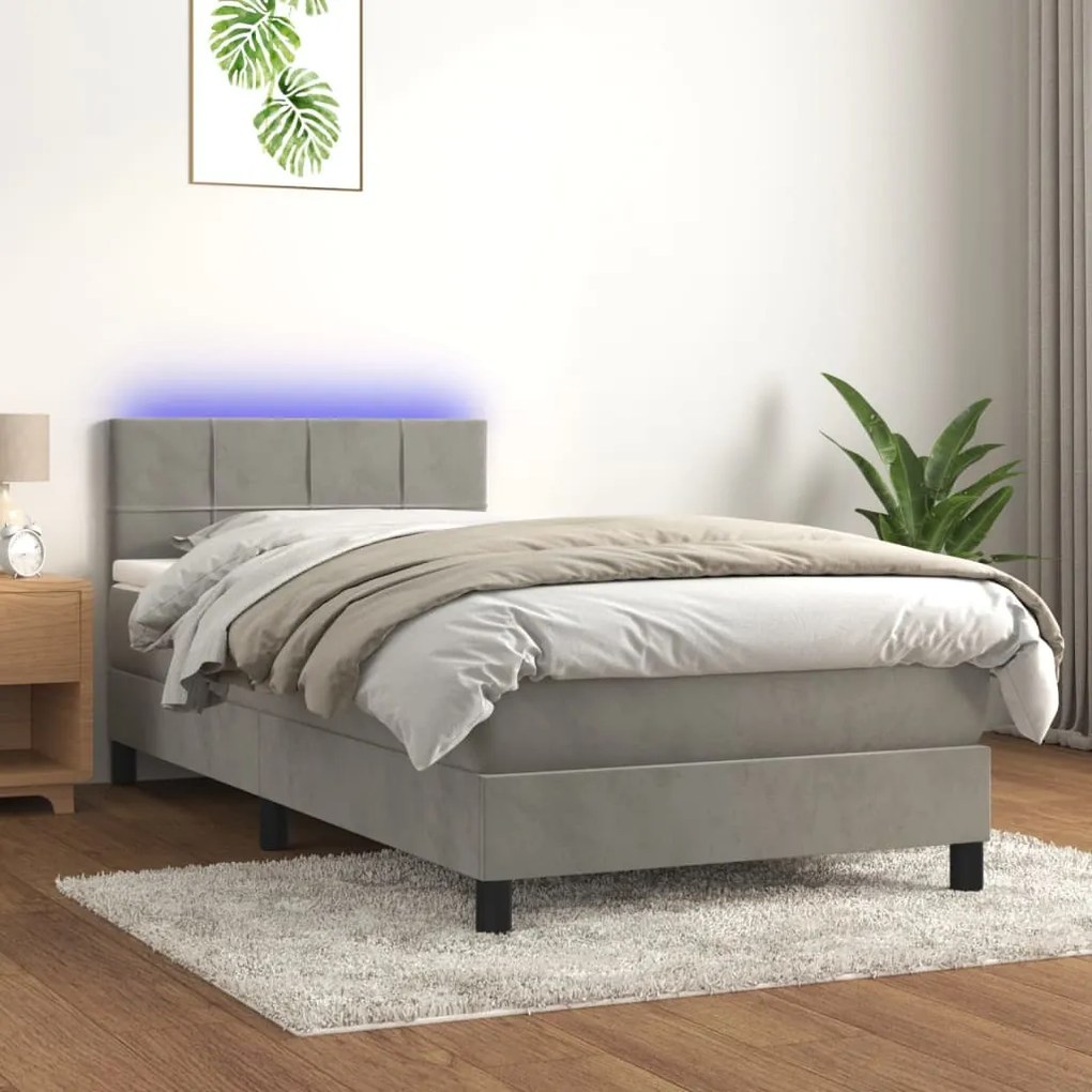 Box spring postel s matrací a LED světle šedá 100x200 cm samet 3134387