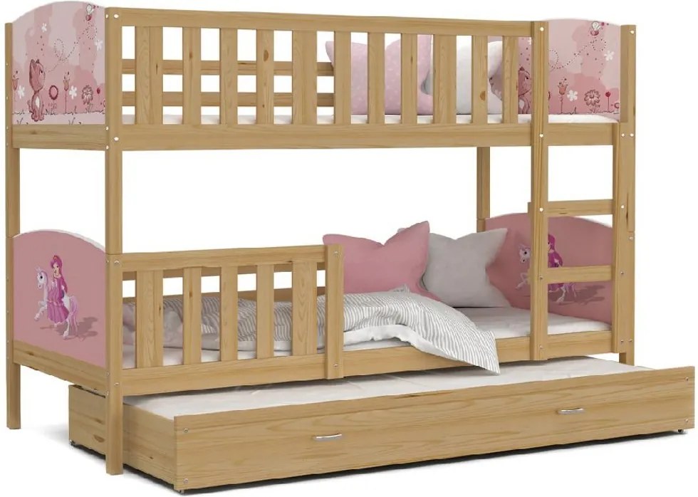 Expedo Dětská patrová postel DOBBY 3 s potiskem + matrace + rošt ZDARMA, 190x80, borovice/vzor D31/H08