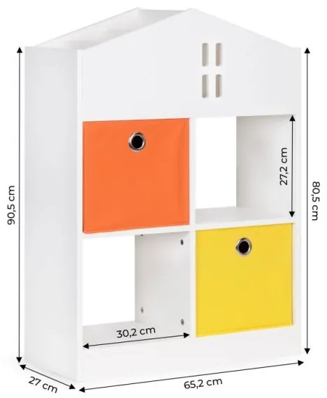 Dřevěná knihovna/skříň na hračky Eco Toys Domeček - bílá/oranžová/žlutá