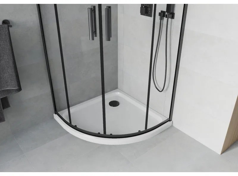 Mexen Rio, čtvrtkruhový sprchový kout s posuvnými dveřmi 90 x 90 cm, 5mm čiré sklo, černý profil + bílá sprchová vanička, 863-090-090-70-00-4110B