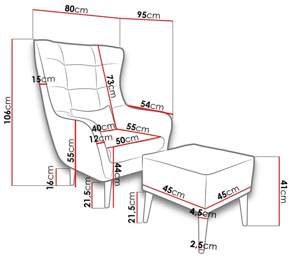 Designové křeslo ušák s taburetkou LEVI - tmavé šedé