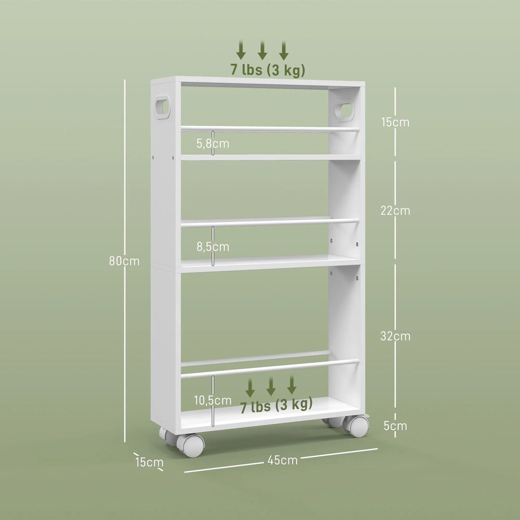 HOMCOM 3-policový kuchyňský vozík se bočními zábradlím a madly do jídelny a koupelny 45x15x80 cm Bílý