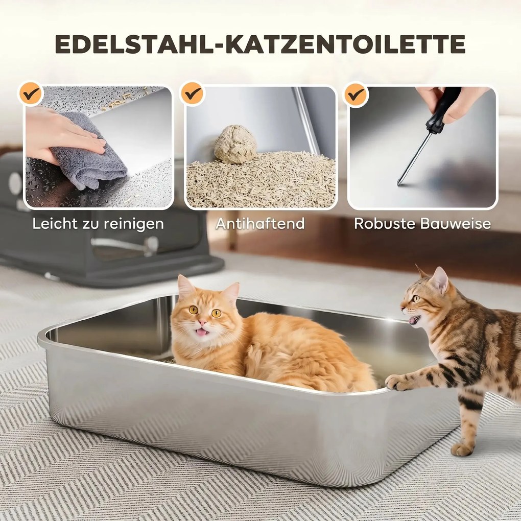 PawHut XXL nerezová krytá toaleta pro velké kočky — sklápěcí kryt, vysoké boky, vrchní vstup, lopatka, odolná vůči zápachu, snadné čištění, černá