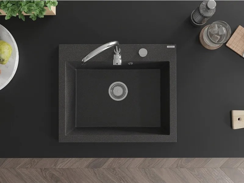 Mexen Elix dřez granitový 1-komorový 600 x 500 mm, černý skvrnitý, sifon chrom - 6525601005-76