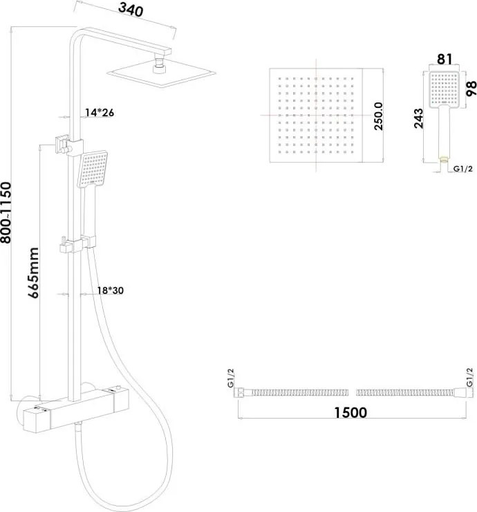 Sprchová tyč TAYLOR s ruční a dešťovou sprchou - 25x25 cm - chromová