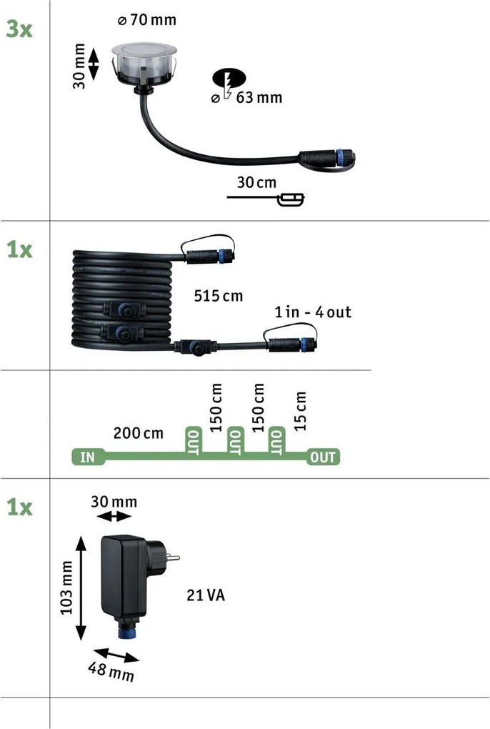 P 94722 Plug & Shine LED zemní svítidlo Floor základní sada neláká hmyz IP67 2200K 3x2W 21VA stříbrná - PAULMANN
