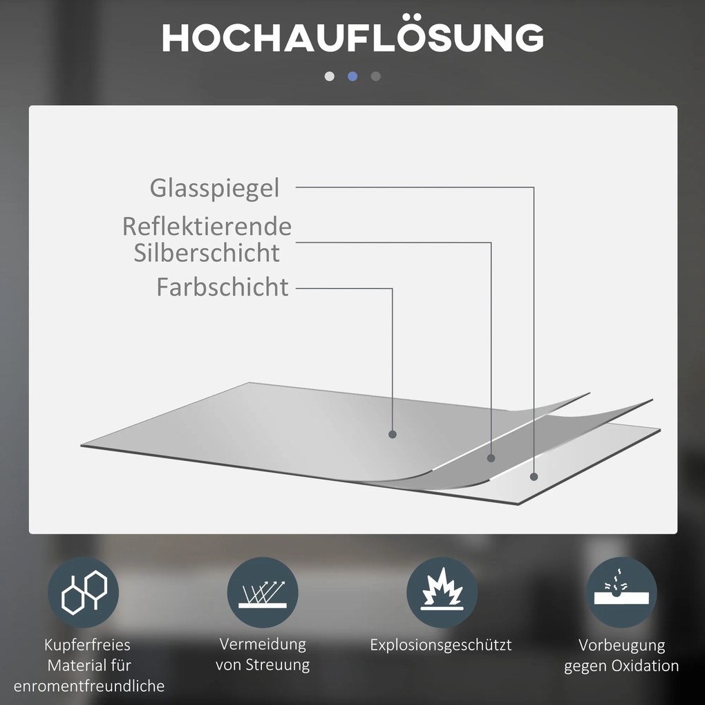 Kleankin kulaté LED nástěnné zrcátko, dotykový spínač, měnící barvu 3000K-6500K, proti mlze, ø 70 cm, bílá/stříbrná
