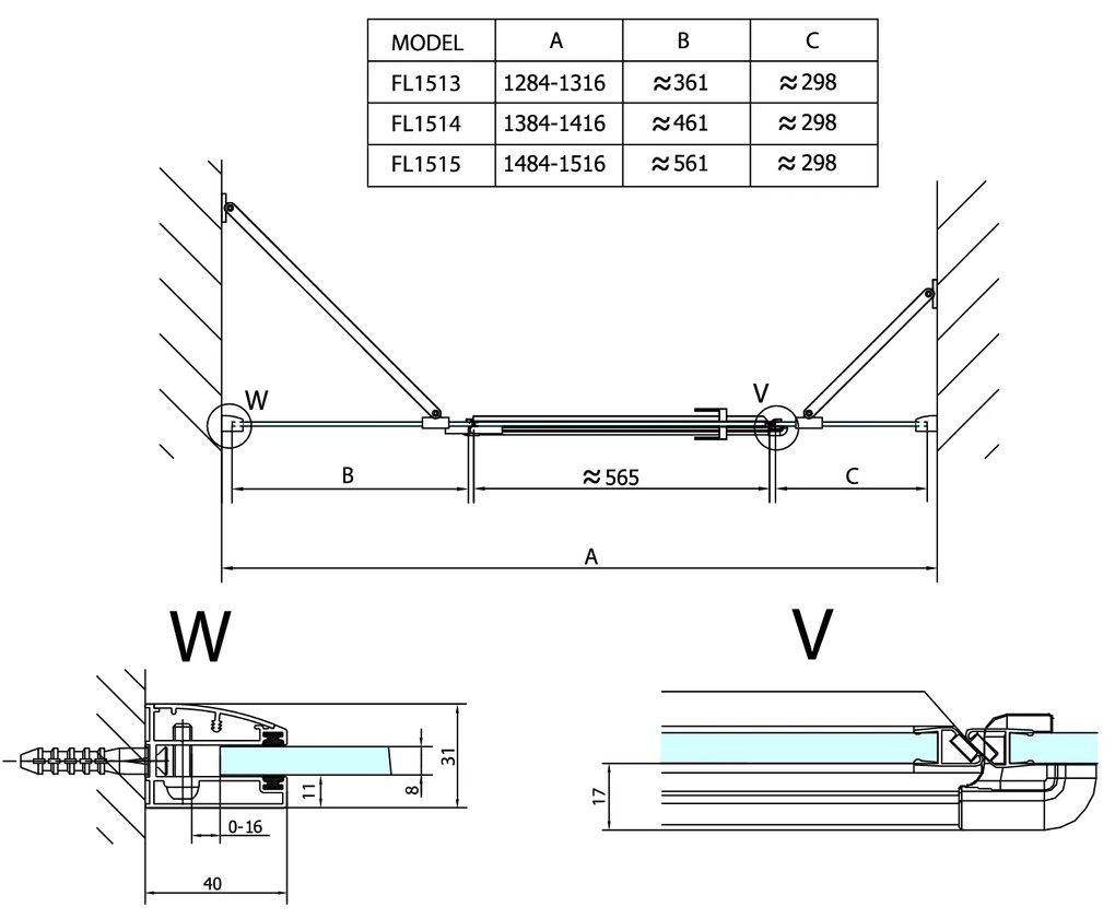 Polysan FORTIS LINE sprchové dveře do niky trojdílné 1400mm, čiré sklo, pravé FL1514R