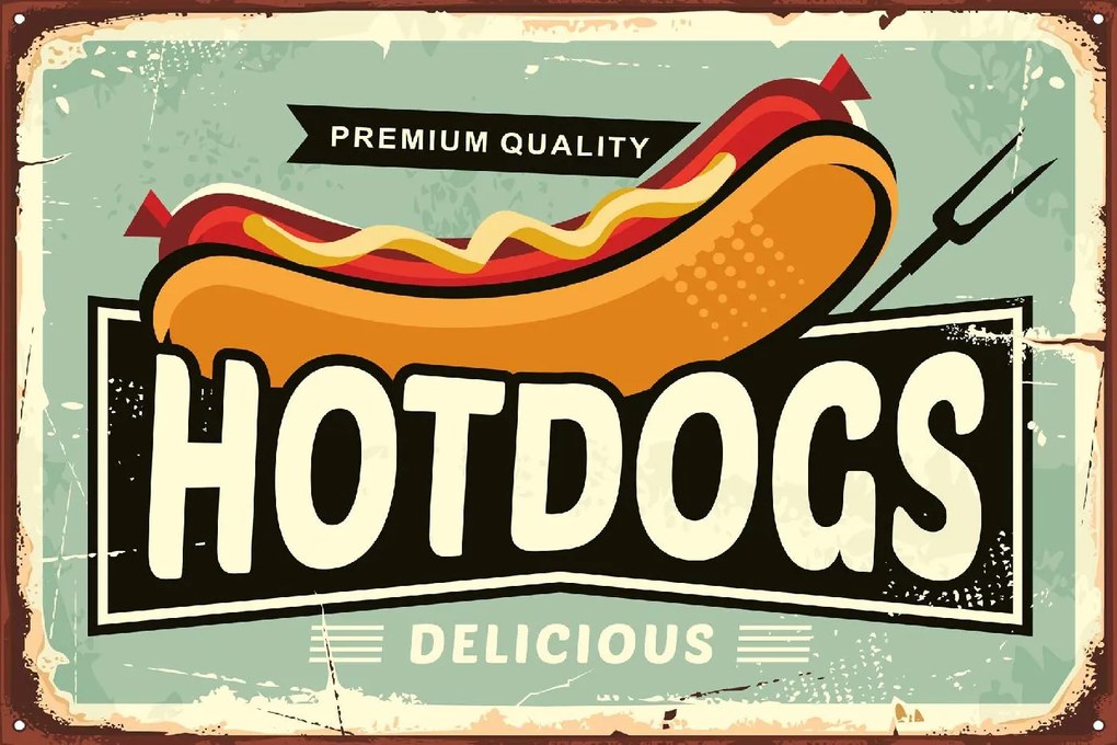 DIMEX | Vliesová fototapeta Cedule - Hot dog MS-5-2097 | 375 x 250 cm| modrá, bílá, černá, oranžová