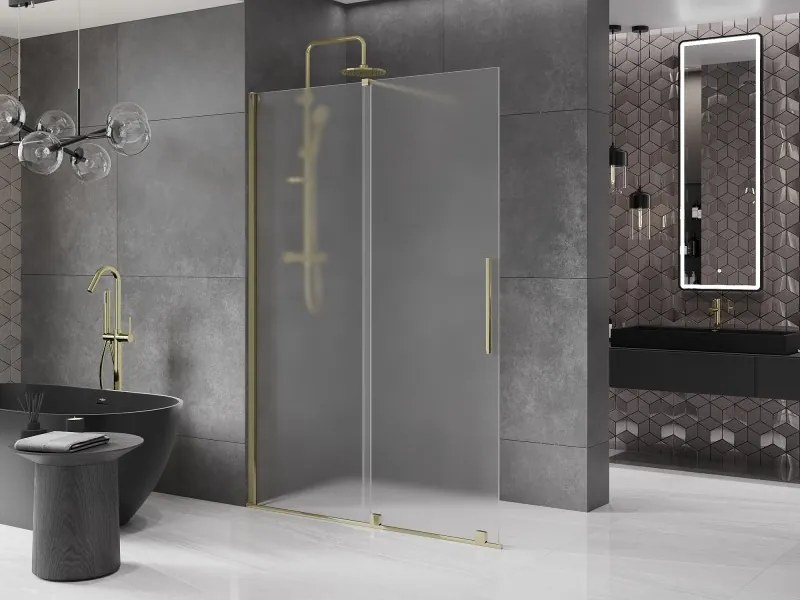 Mexen Velar, sprchová zástěna s posuvnými dveřmi Walk-in 150 x 200 cm, 8mm sklo námraza, zlatá lesklá, 871-150-000-33-50