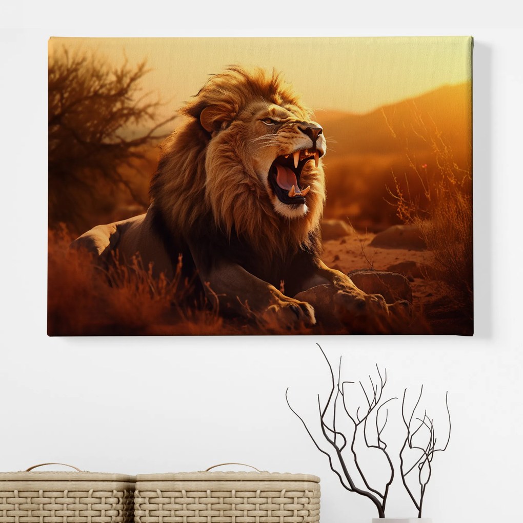 Obraz na plátně - Lev zívá v savaně při západu slunce FeelHappy.cz Velikost obrazu: 60 x 40 cm