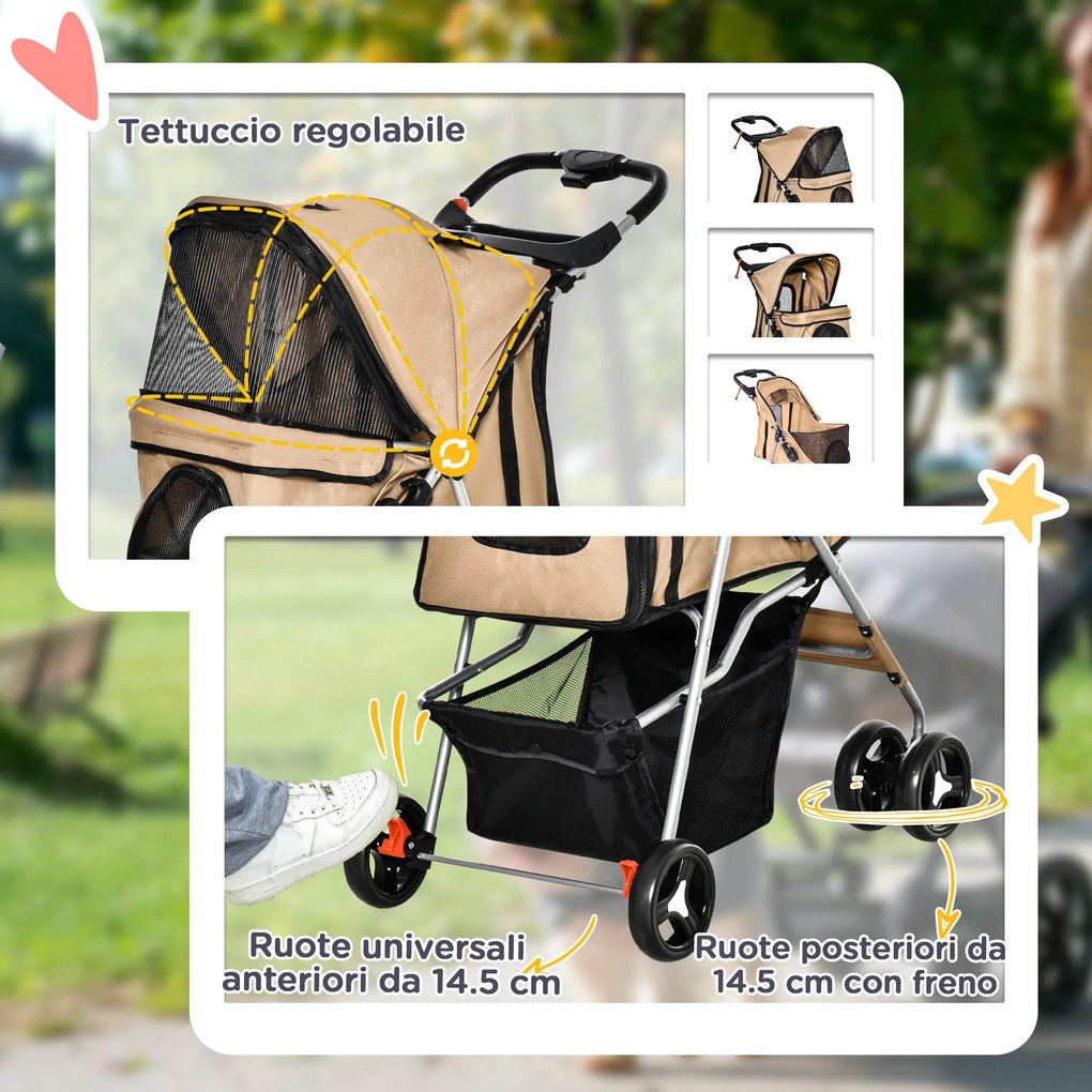 Skládací kočárek pro malé psy PawHut s brzdami na kolech, držákem na nápoje, úložným prostorem, 3 okny a 360° předními koly, pro domácí mazlíčky do 1…