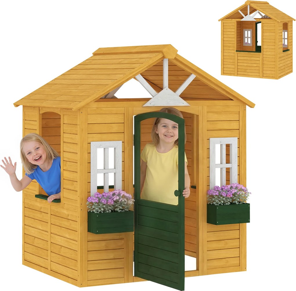 AIYAPLAY dřevěný dětský domeček venkovní — dveře, 3 okna, 2 truhlíky, 3–8 let — 134,5 × 97 × 150 cm, hnědý | Aosom