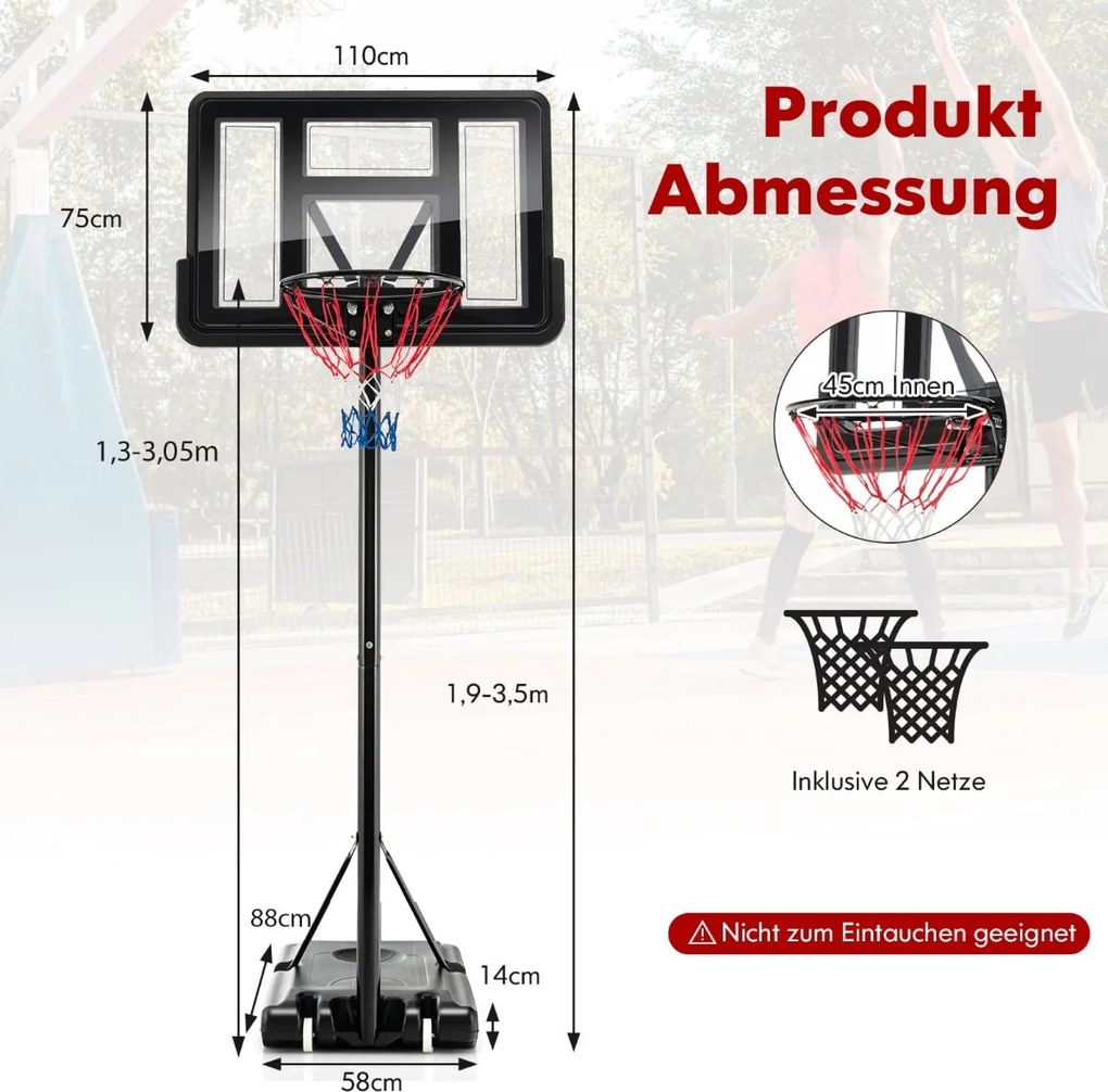 Costway 130 cm - 305 cm výškově nastavitelný basketbalový koš se stojanem a 2