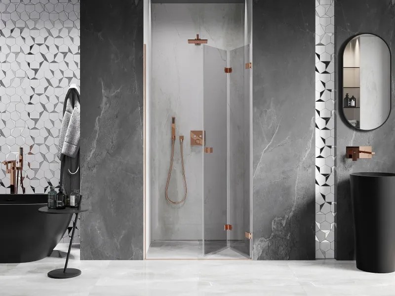 Mexen Lunar-F, pravé skládací sprchové dveře 90 cm, 8mm čiré sklo, měděný matný profil, 836-090-000-65-00-P