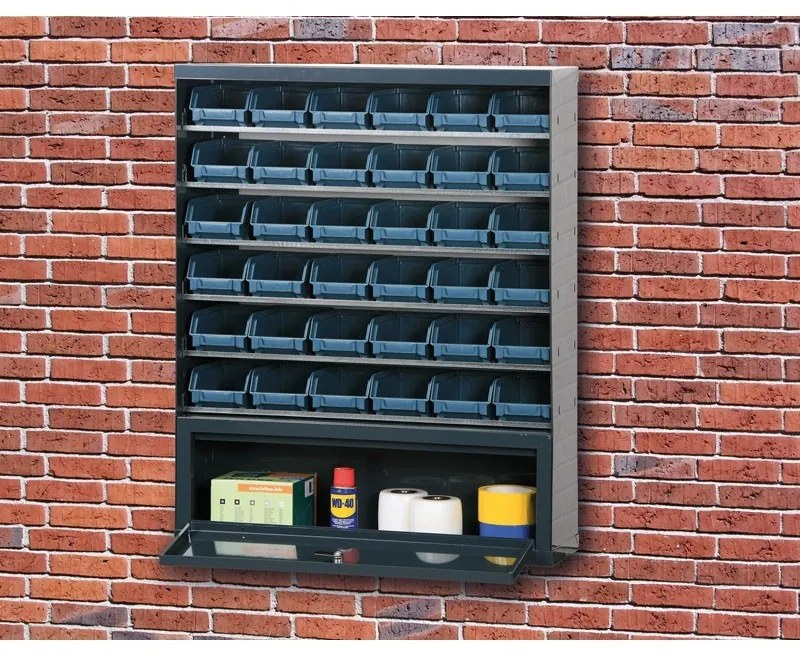 Závěsný regál s plastovými boxy BASIC a přihrádkou, 16 boxů