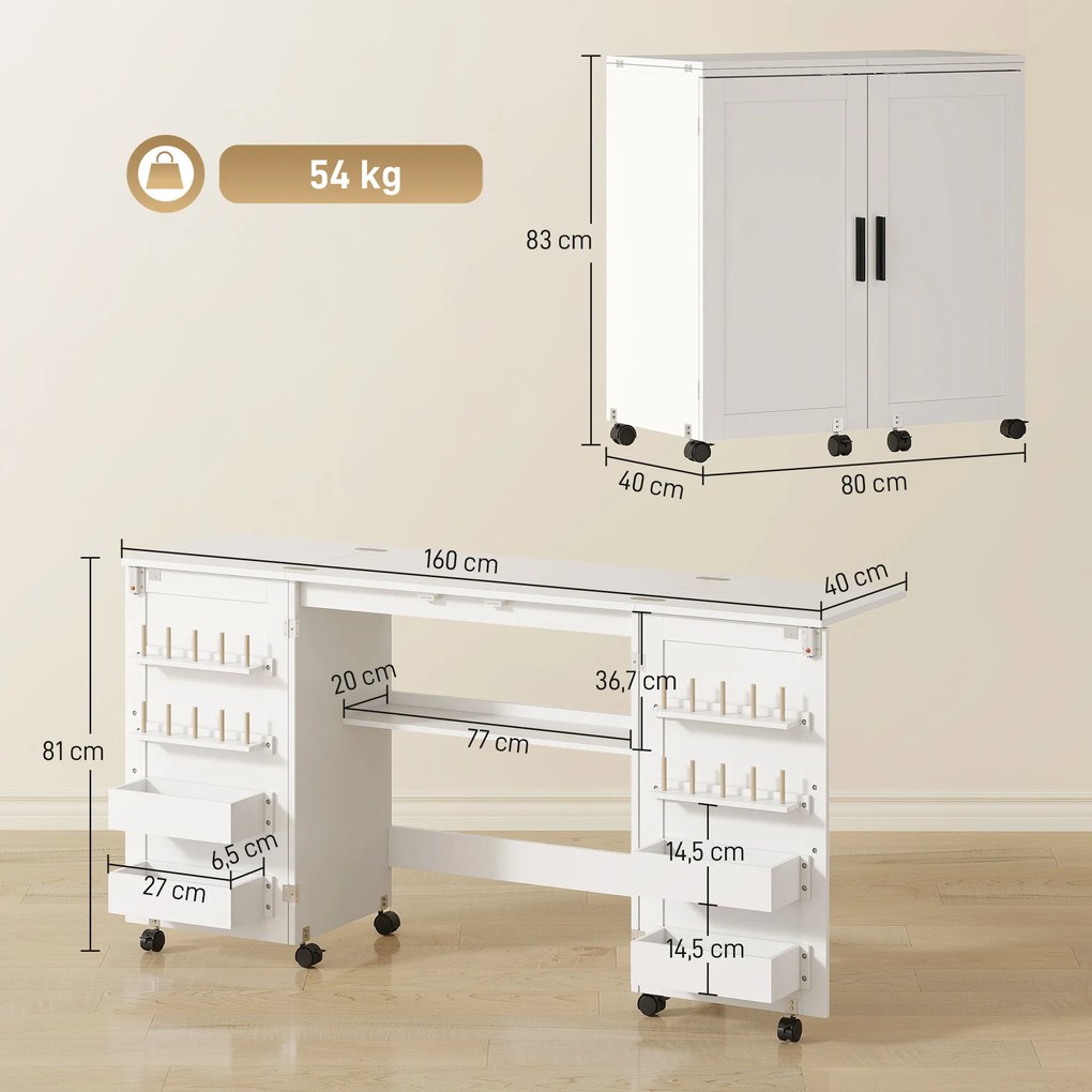 HOMCOM Skládací šicí stůl s 2 magnetickými dveřmi, pojízdný tvořivý stůl s 4 boxy, 20 držáků, úložný prostor, bílá