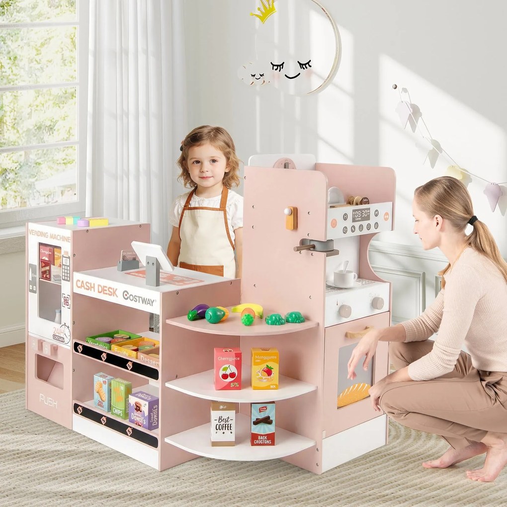 Costway Shop 30 TLG. Dřevěná prodejna s automatem a pokladnou a kávovarem