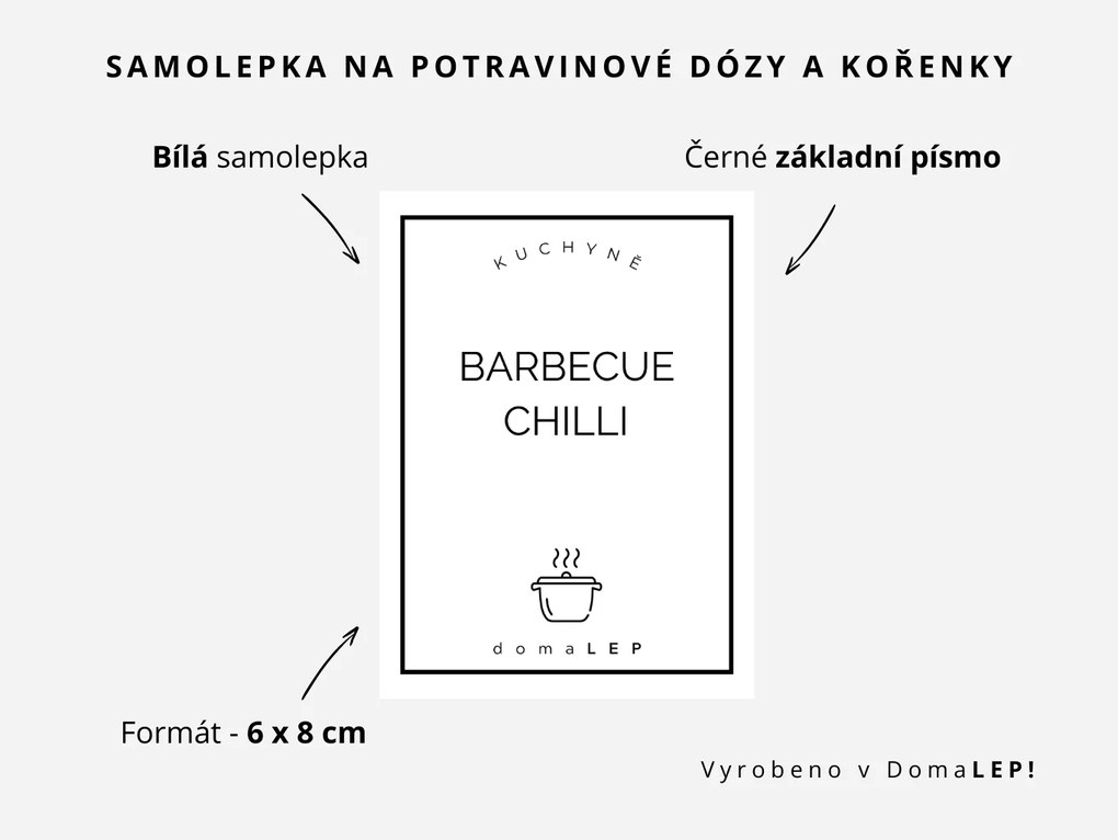 BARBECUE CHILLI - omyvatelná samolepka na kořenky, výběr rozměrů Ø 5 cm / 5 x 5 cm / 6 x 8 cm | DomaLEP tvar: KOLEČKO, barva: BÍLÁ - ČERNÉ písmo, velikost: Ø 5 cm - tučné písmo