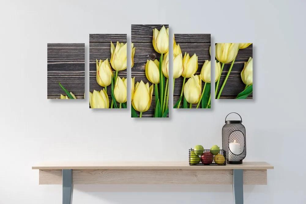 5-dílný obraz okouzlující žluté tulipány na dřevěném podkladu Varianta: 100x50