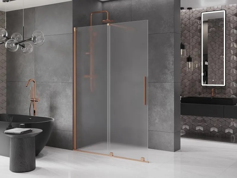 Mexen Velar, sprchová zástěna s posuvnými dveřmi Walk-in 130 x 200 cm, 8mm sklo námraza, měděná matná, 871-130-000-33-65