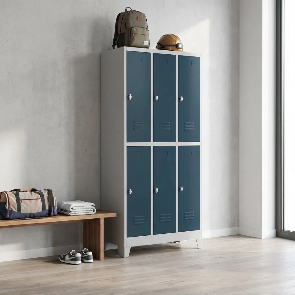Kovová šatní skříňka - 6 boxů, 90 x 45 x 195 cm, pevné nohy, otočný zámek, antracitová - ral 7016