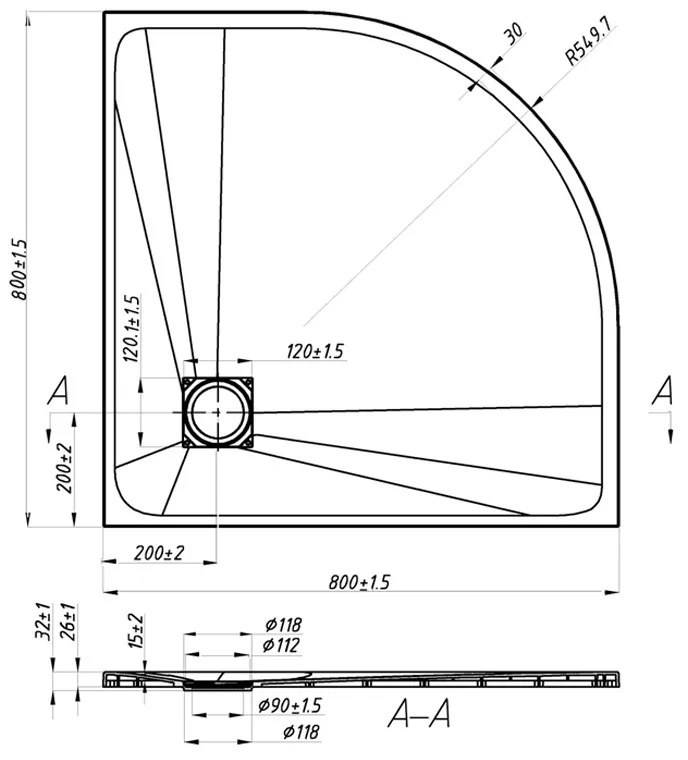 BPS-koupelny Čtvrtkruhová akrylátová sprchová vanička HYD-RSV-ALBA 80x80 bílá