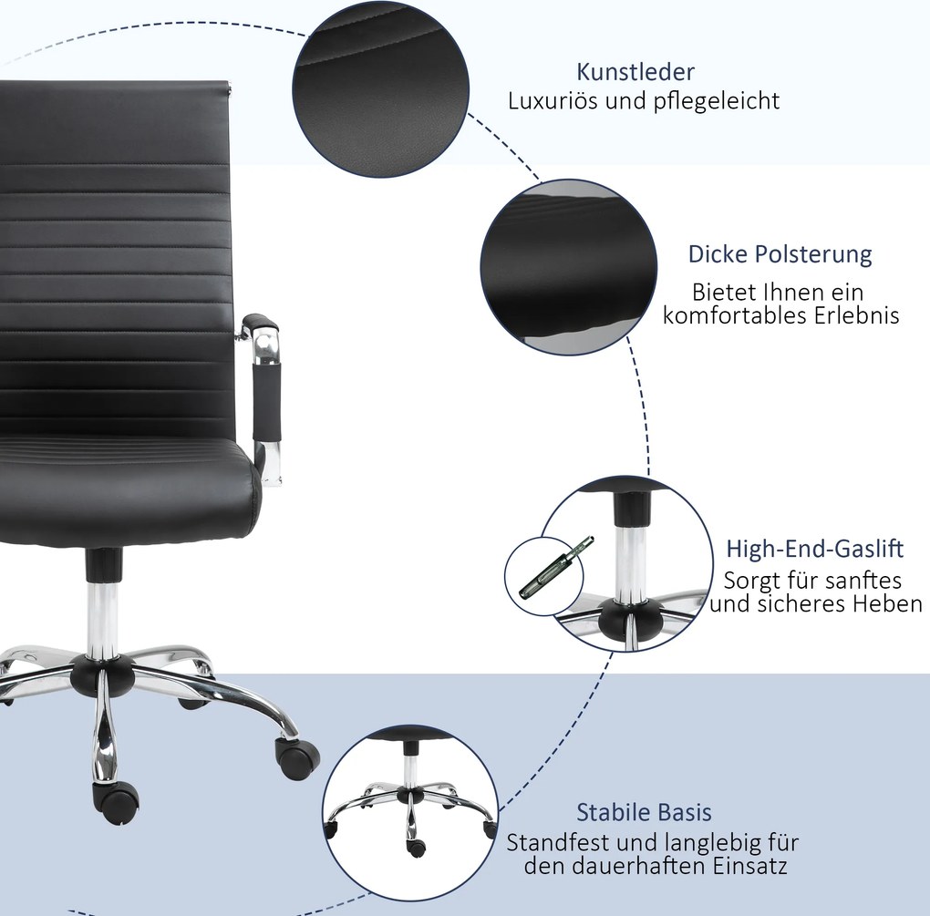 Kancelářská židle Vinsetto ergonomická manažerská židle s houpací funkcí, výškově nastavitelná, čalouněná umělou kůží a pěnou, černá | Aosom.de