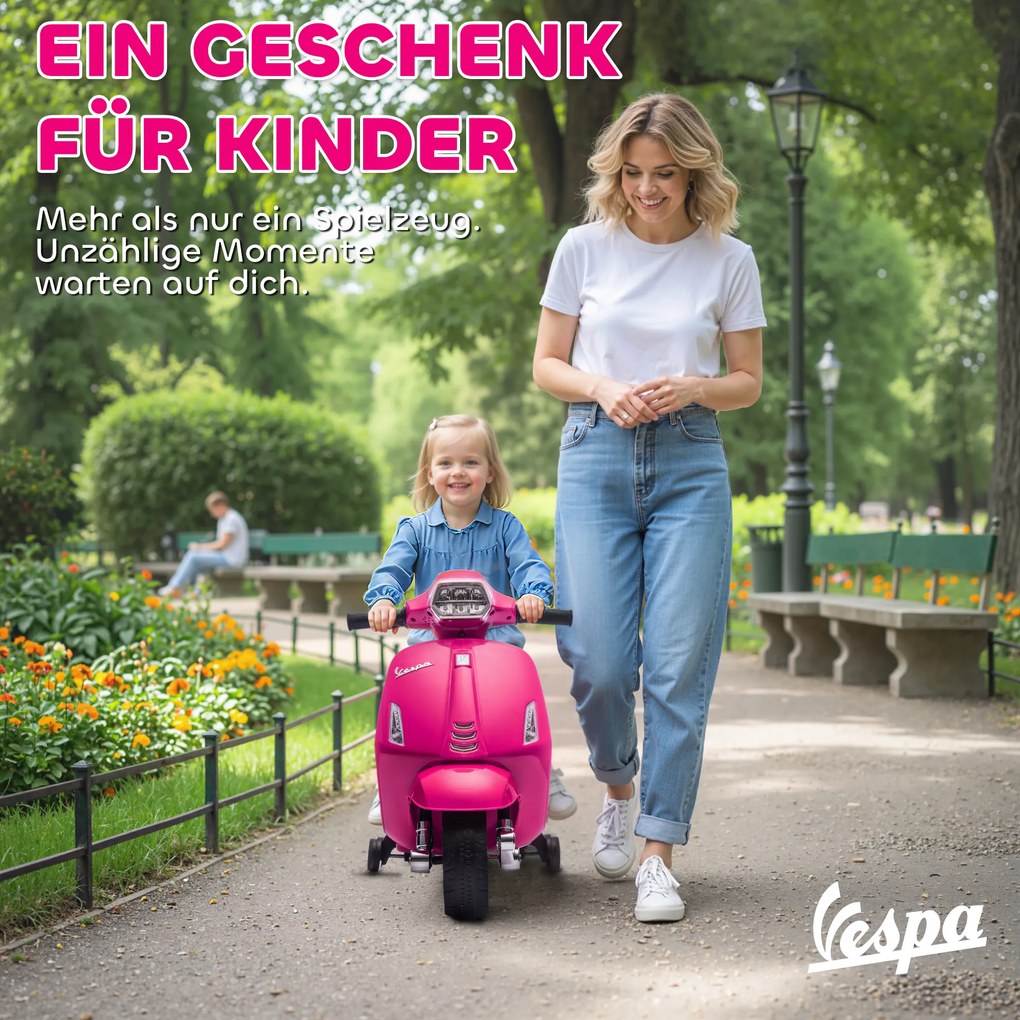 AIYAPLAY Elektrická dětská motorka Vespa 6V s pomocnými kolečky, světlometem a houkačkou pro 2–4 roky 71 x 37 x 52 cm, růžová