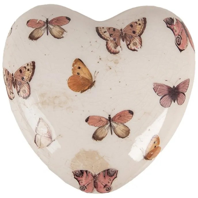Béžová keramická dekorace srdce s motýlky Butterfly Paradise L – 10X10x4 cm