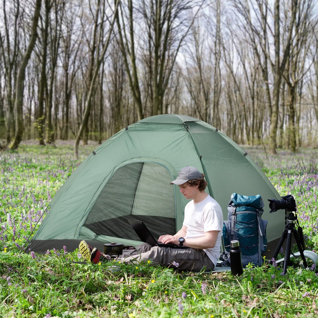 Outsunny stan pro 2 osoby na kempování, maskovací kupolovitý stan, lehký, ventilovaný, snadno se skládá s zipovými dveřmi, úložným prostorem, taška n…