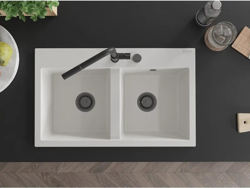 Mexen Hektor, 2-komorový granitový dřez 800x480x205 mm, bílá, grafitový sifon, 6521802000-20-B