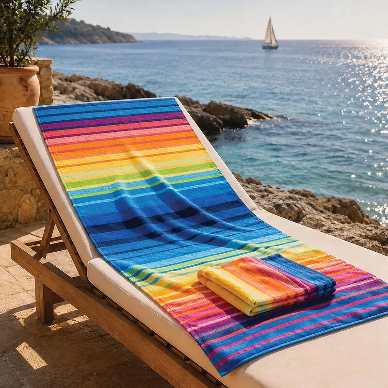 SCANquilt plážová osuška VELUR pruhy duhová 100 x 180 cm