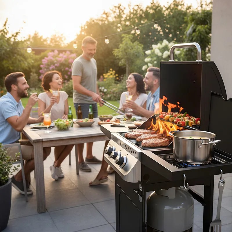 BPS-koupelny Plynový BBQ gril s boční plotýnkou, poličkou a krycí plachtou - , 2+1 hořák