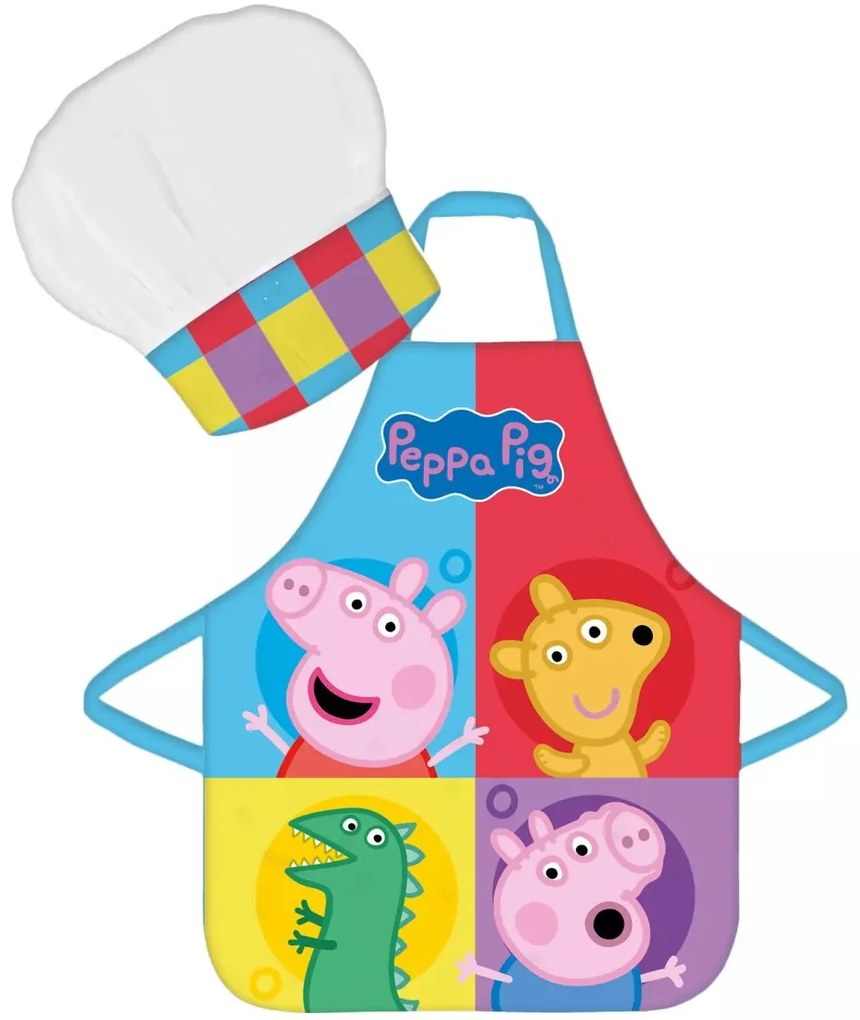 Dětská zástěra s kuchařskou čepicí Prasátko Peppa - motiv Team - sada 2 díly