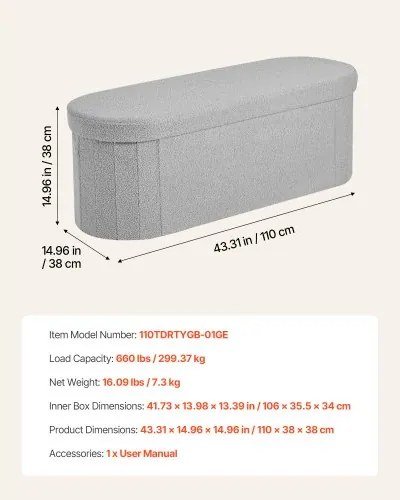 Oválný úložný taburet, Nosnost 299,371 kg VEVOR – 1100 × 380 × 380 mm