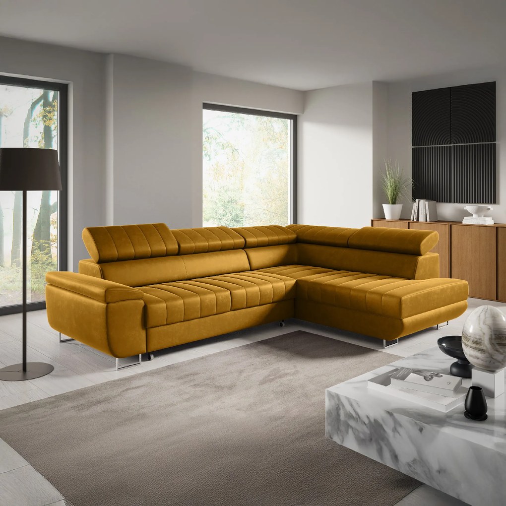 Rohová rozkládací sedací souprava do L HORIZONTE, 271 cm, s úložným prostorem Roh pohovky: Levý roh, Barva látky: Šedá (Kronos 15)