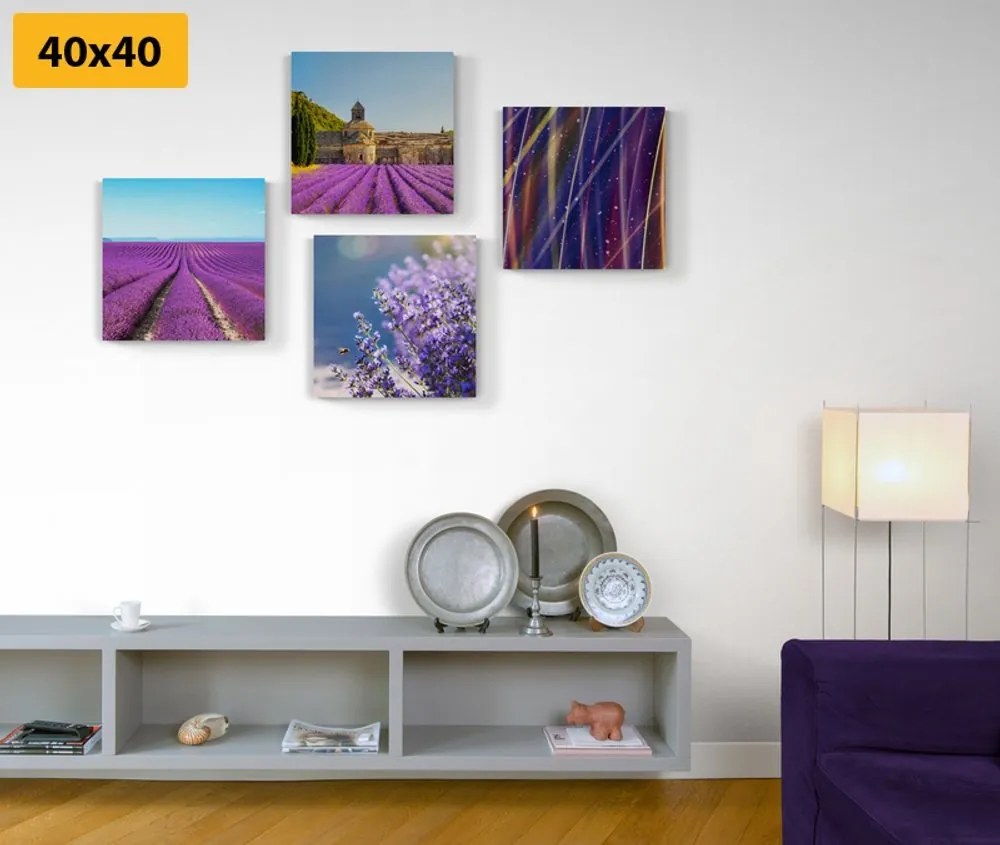 Set obrazů levandulové pole s abstrakcí - 4x 60x60 cm