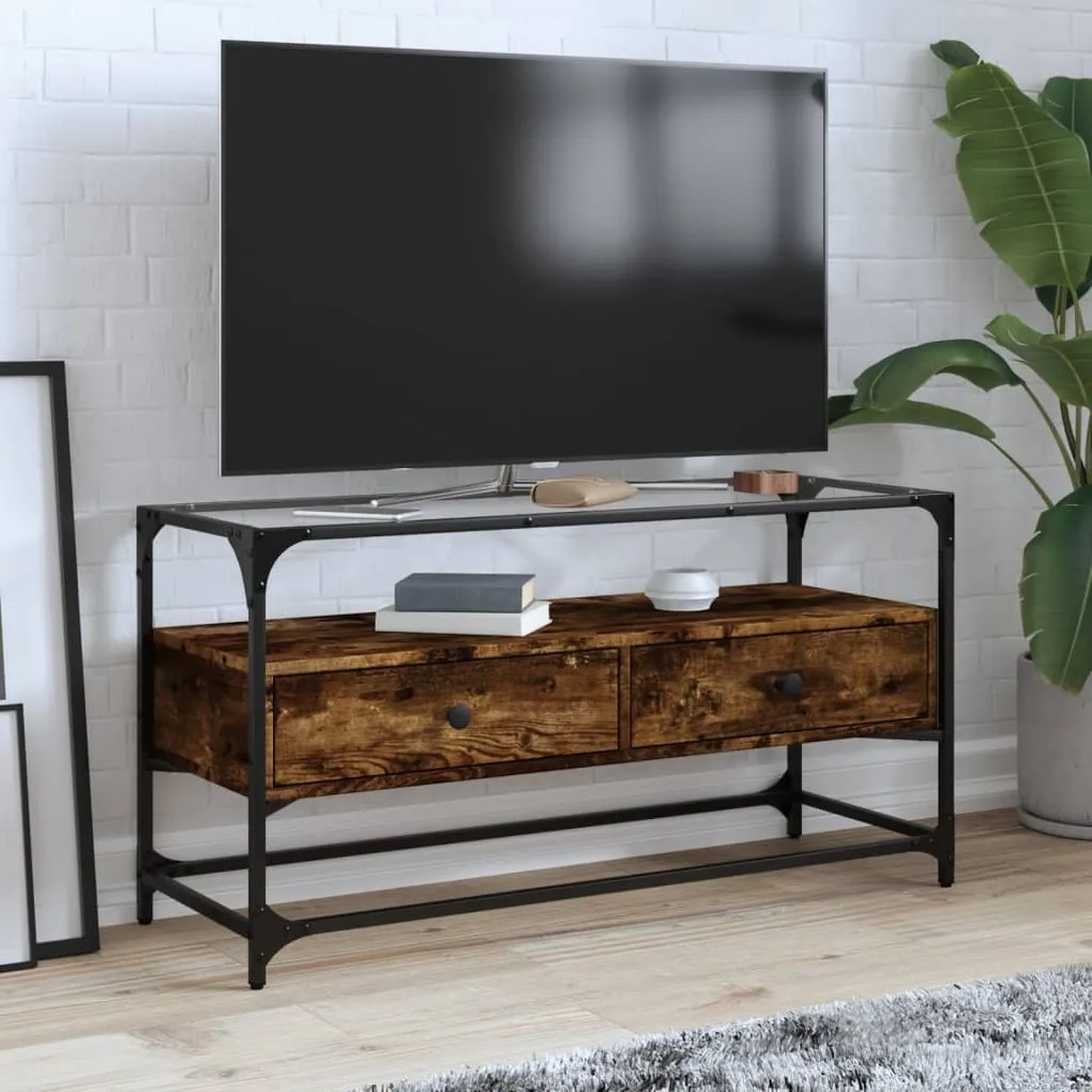 TV skříňka se skleněnou deskou kouřový dub 98x35x51 cm kompozit